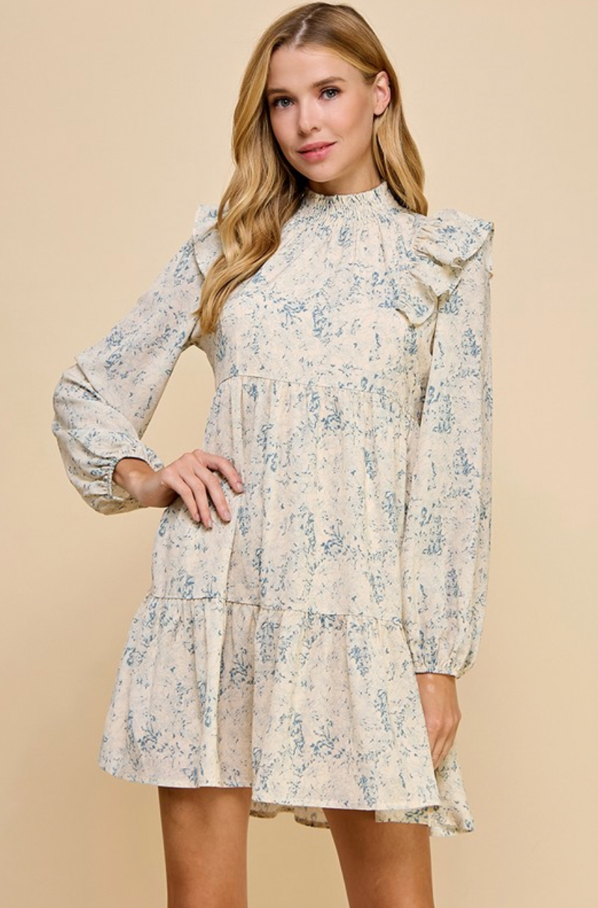TCEC Abstract Printed Mock Neckline Tiered Dress in Cream | Laurel & Jack